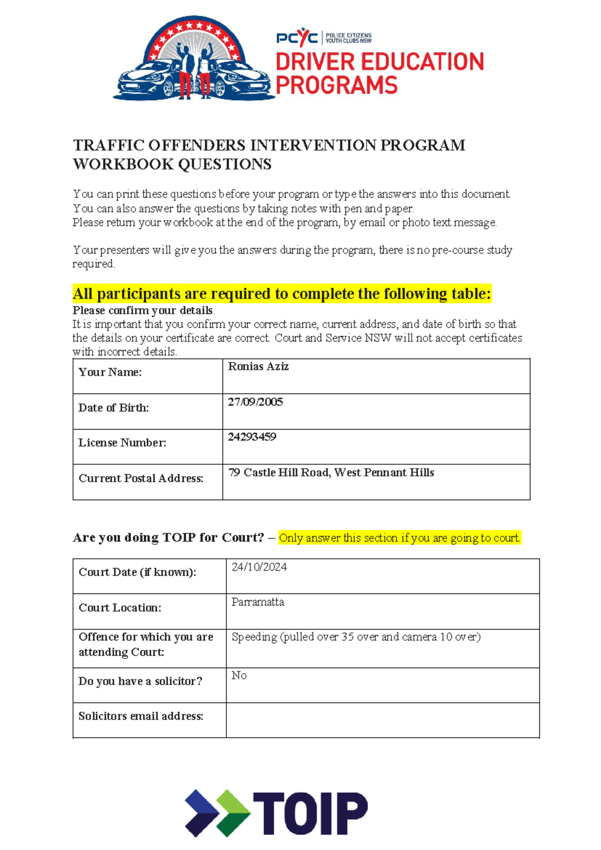 TOIP Workbook - Traffic Offendors Course PCYC answers and reflection ...