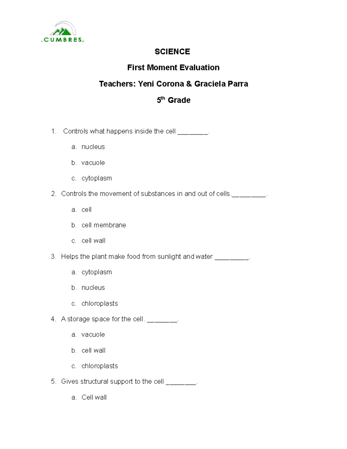 Science evaluation (1st moment 5th) - SCIENCE First Moment Evaluation ...