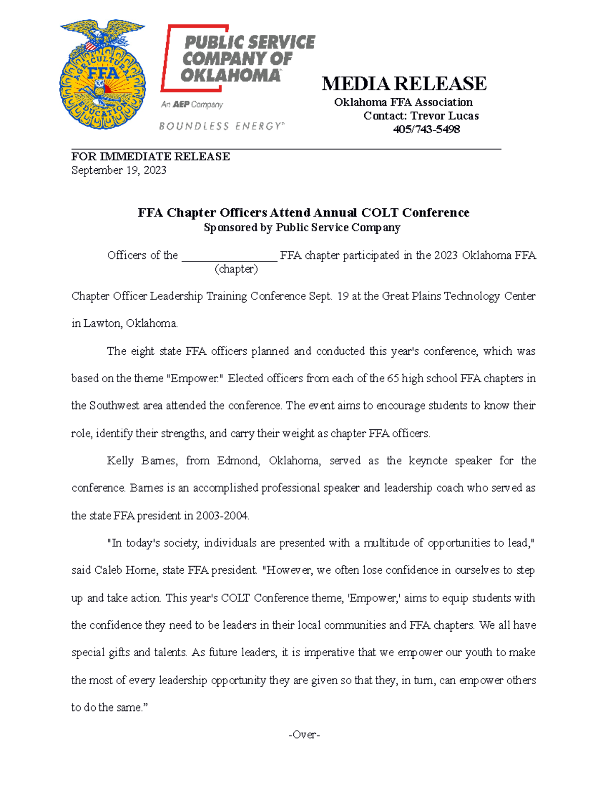 Colt Press Release SW 23 58496 2 - MEDIA RELEASE Oklahoma FFA ...