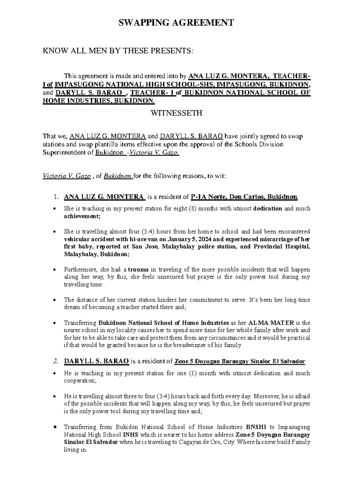 Swapping- Agreement 1 - TSADA - SWAPPING AGREEMENT KNOW ALL MEN BY THESE PRESENTS: This ...