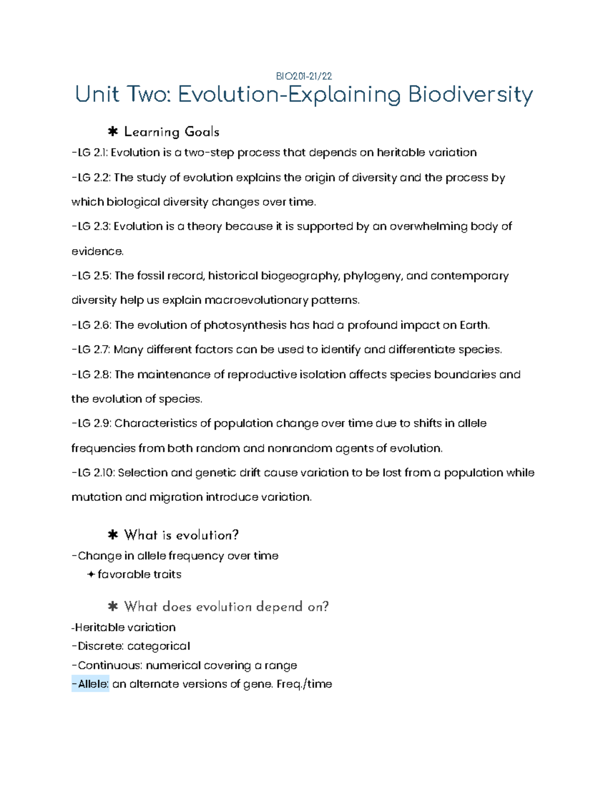Unit Two Notes - BIO201 - TCNJ - Studocu