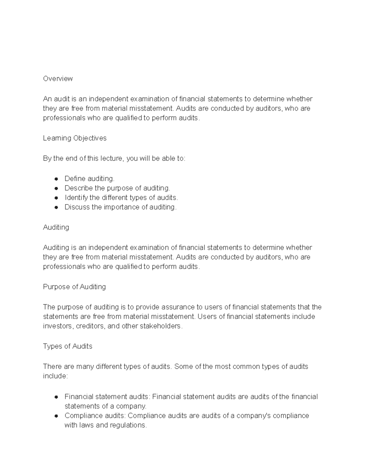 Lecture 8 Auditing - Overview An audit is an independent examination of ...