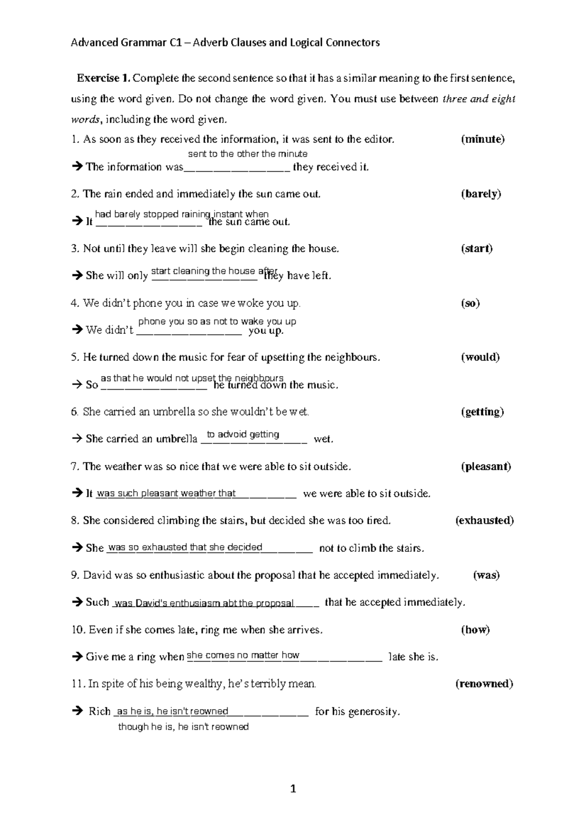 Worksheet on Adverb Clauses and Connectors 2023 - Exercise 1. Complete ...