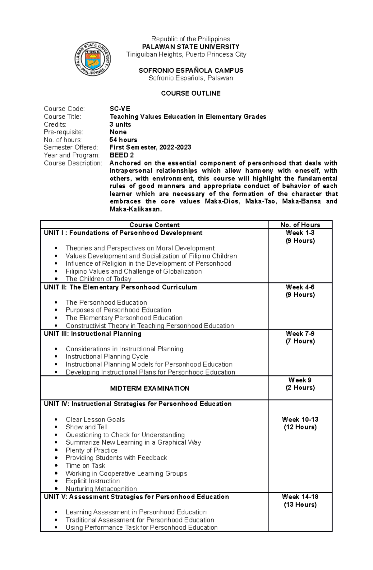 SC VE Course Outline Republic Of The Philippines PALAWAN STATE 