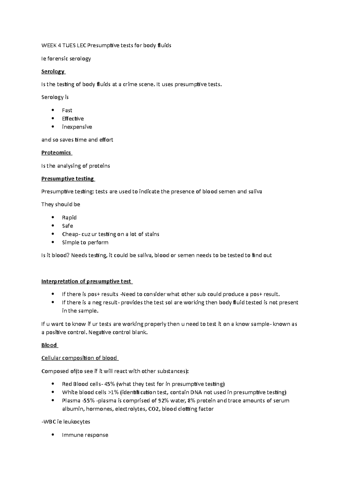 W4 tues lec body fluids (Serology) - WEEK 4 TUES LEC Presumptive tests ...