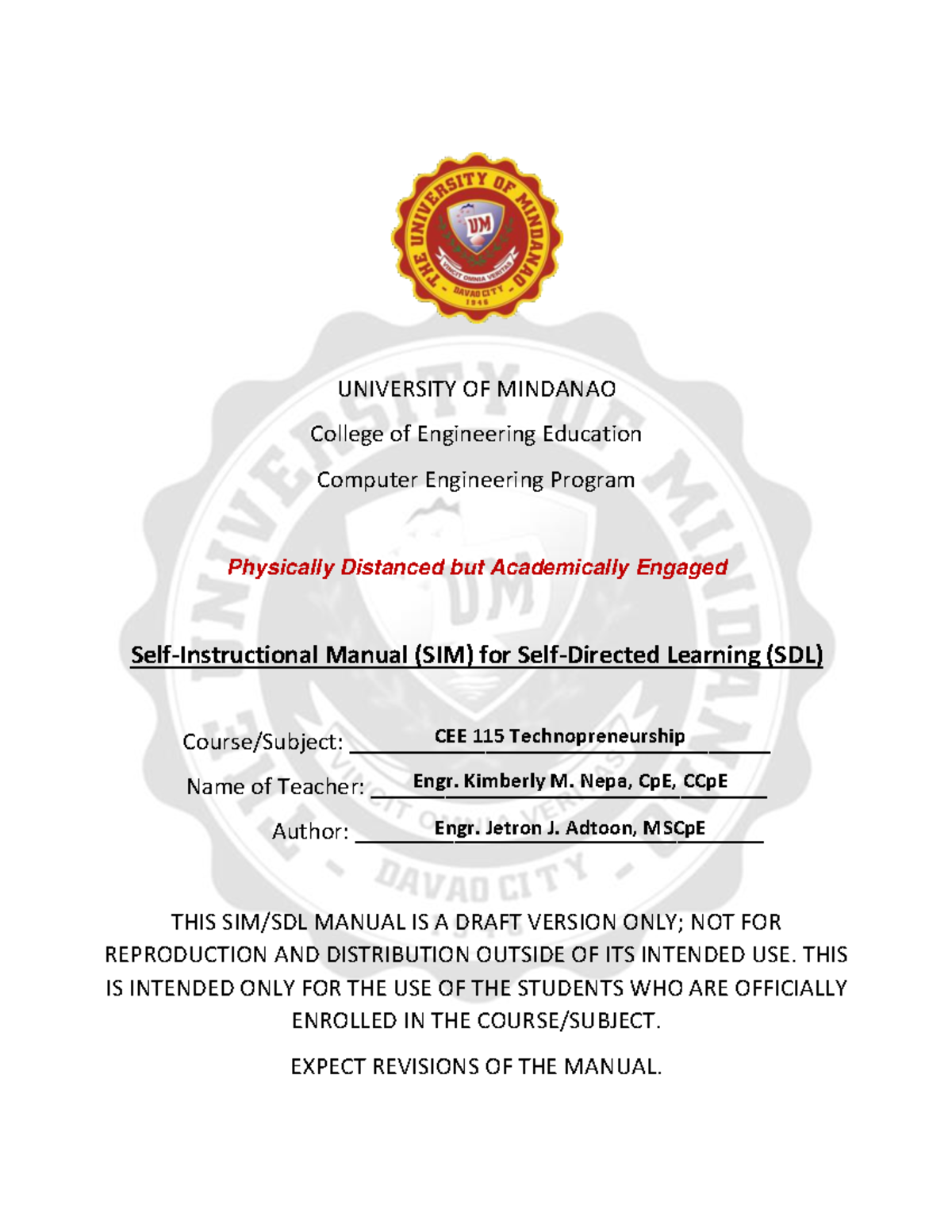 CEE- Bscpe-1 Sttem-1 Stsem-CEE 115 - ULO1 - Week 1-3 - UNIVERSITY OF ...