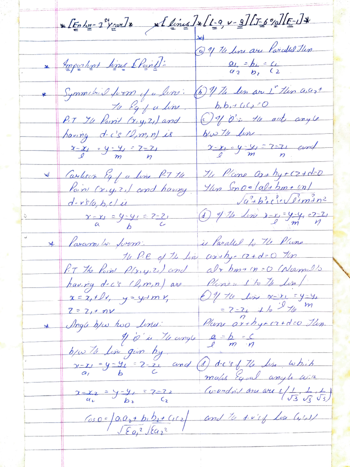 Lines (Complete Notes with Example and Imp Formulas) - Mathematics ...