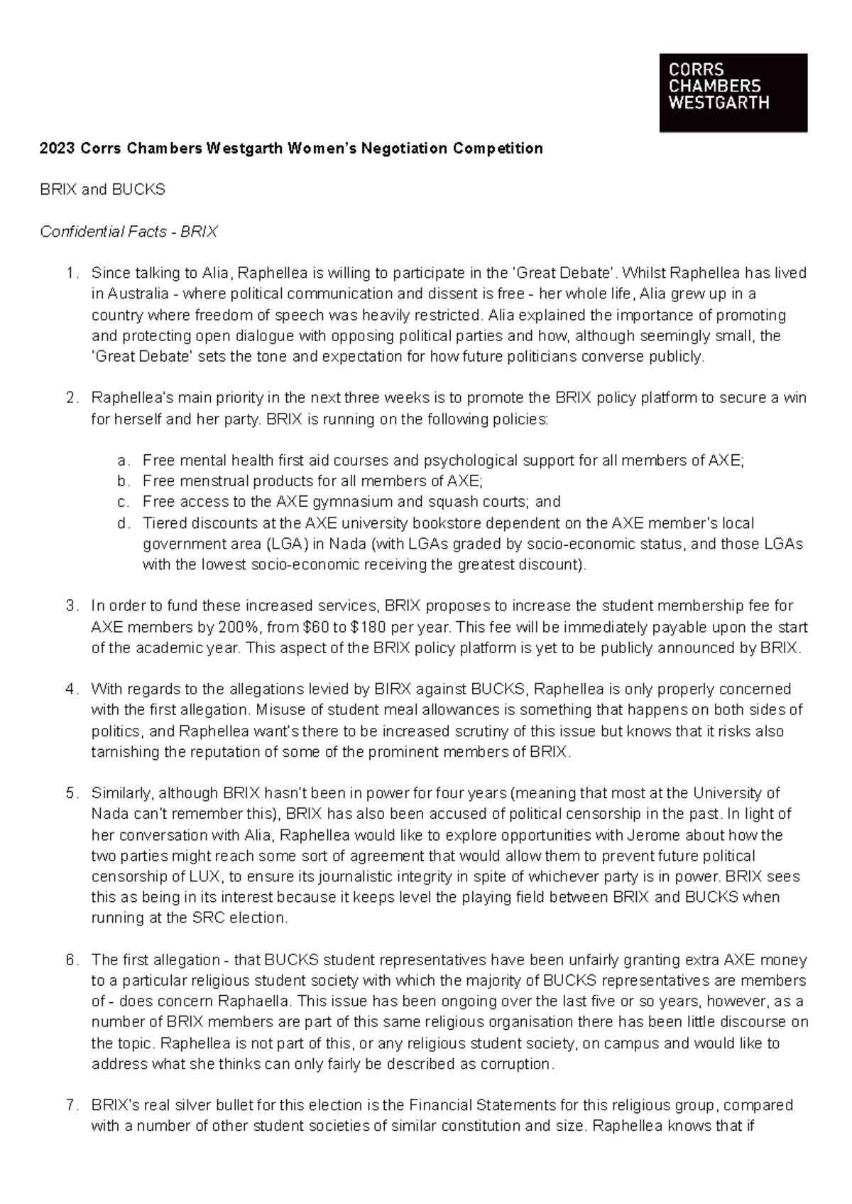 2023 Corrs Chambers Westgarth Women’s Negotiation Competition (BRIX ...