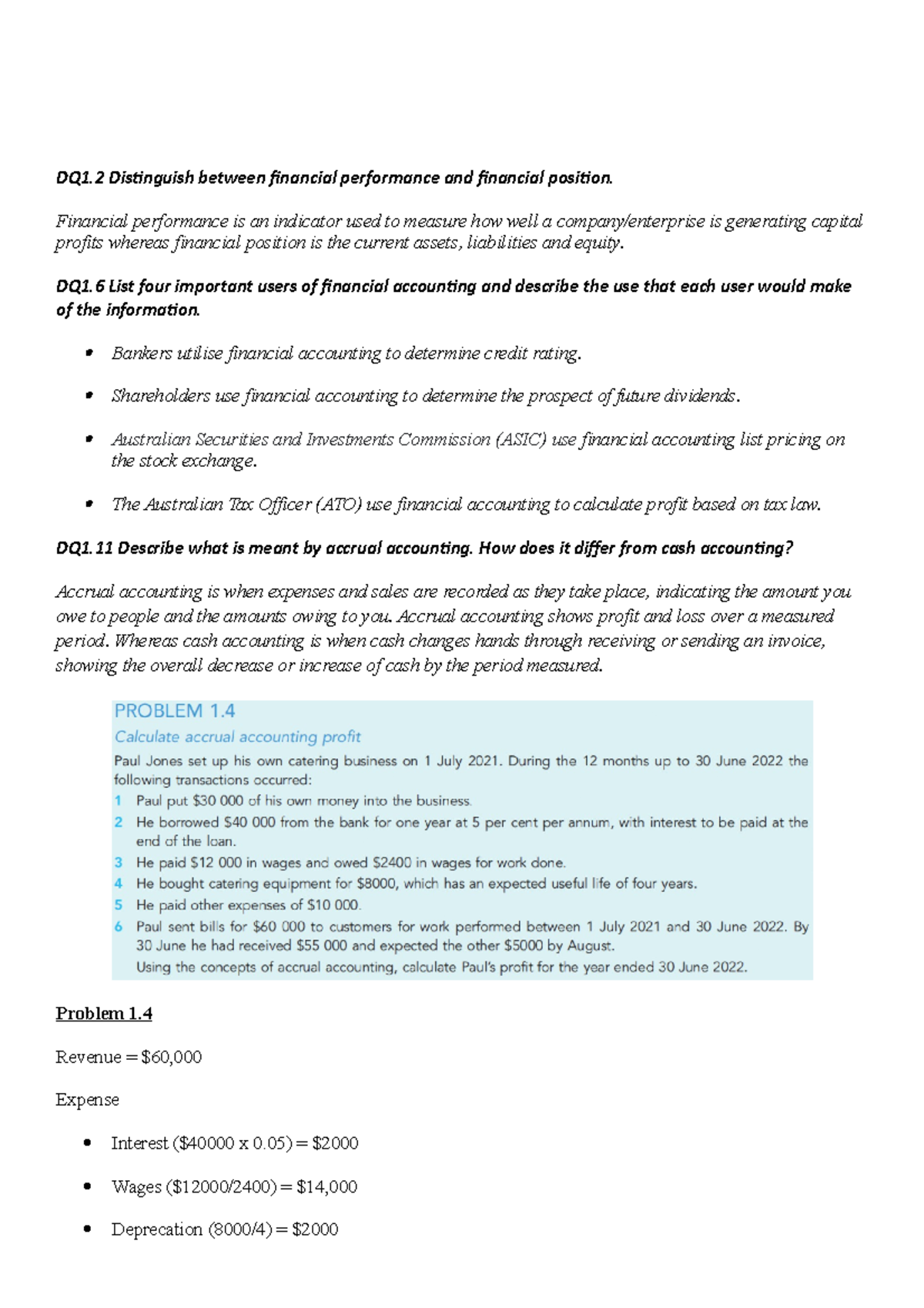 Week 1 HW - Tutorial answers - DQ1 Distinguish between financial performance and financial ...