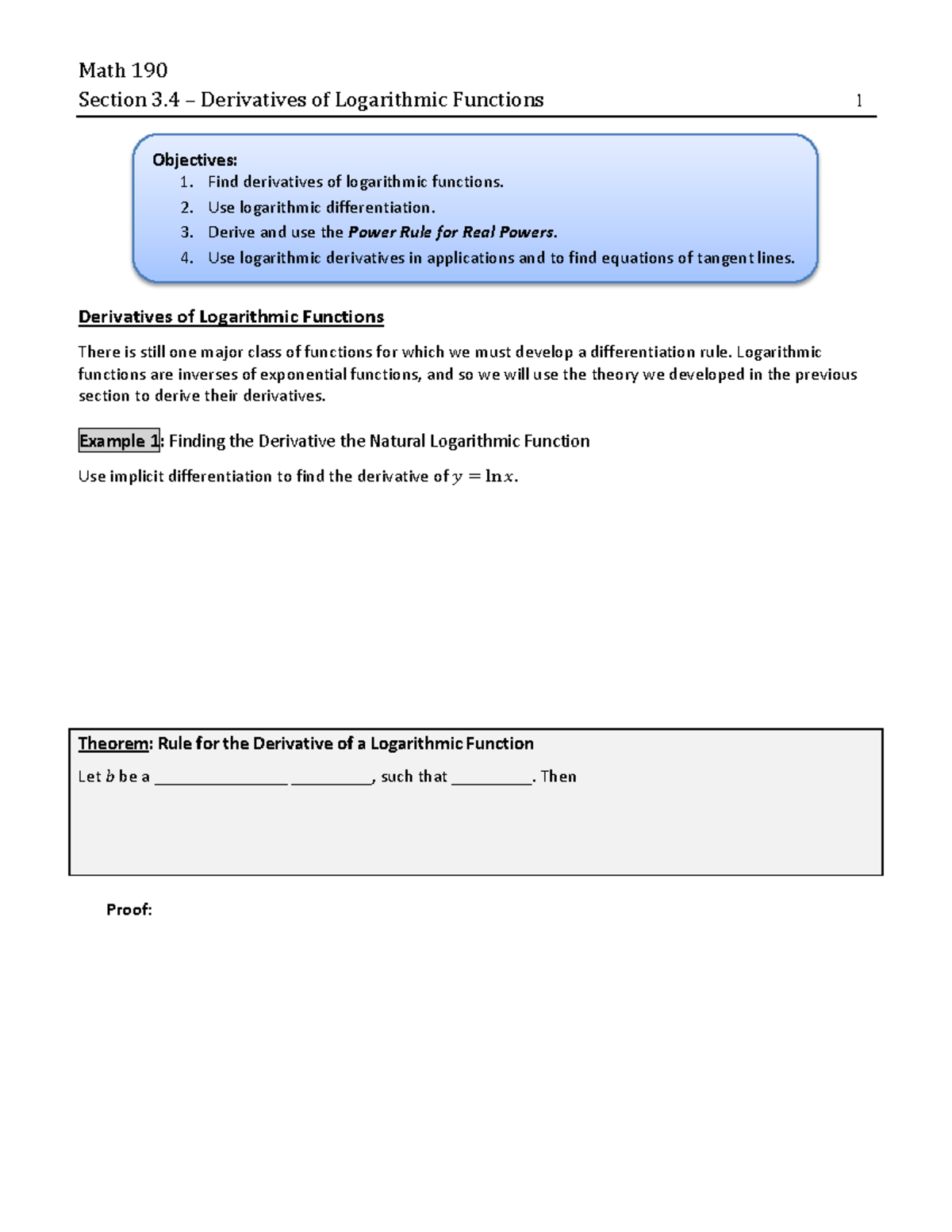 Notes - Section 3.4 - Derivatives of Logarithmic Functions - Warning ...