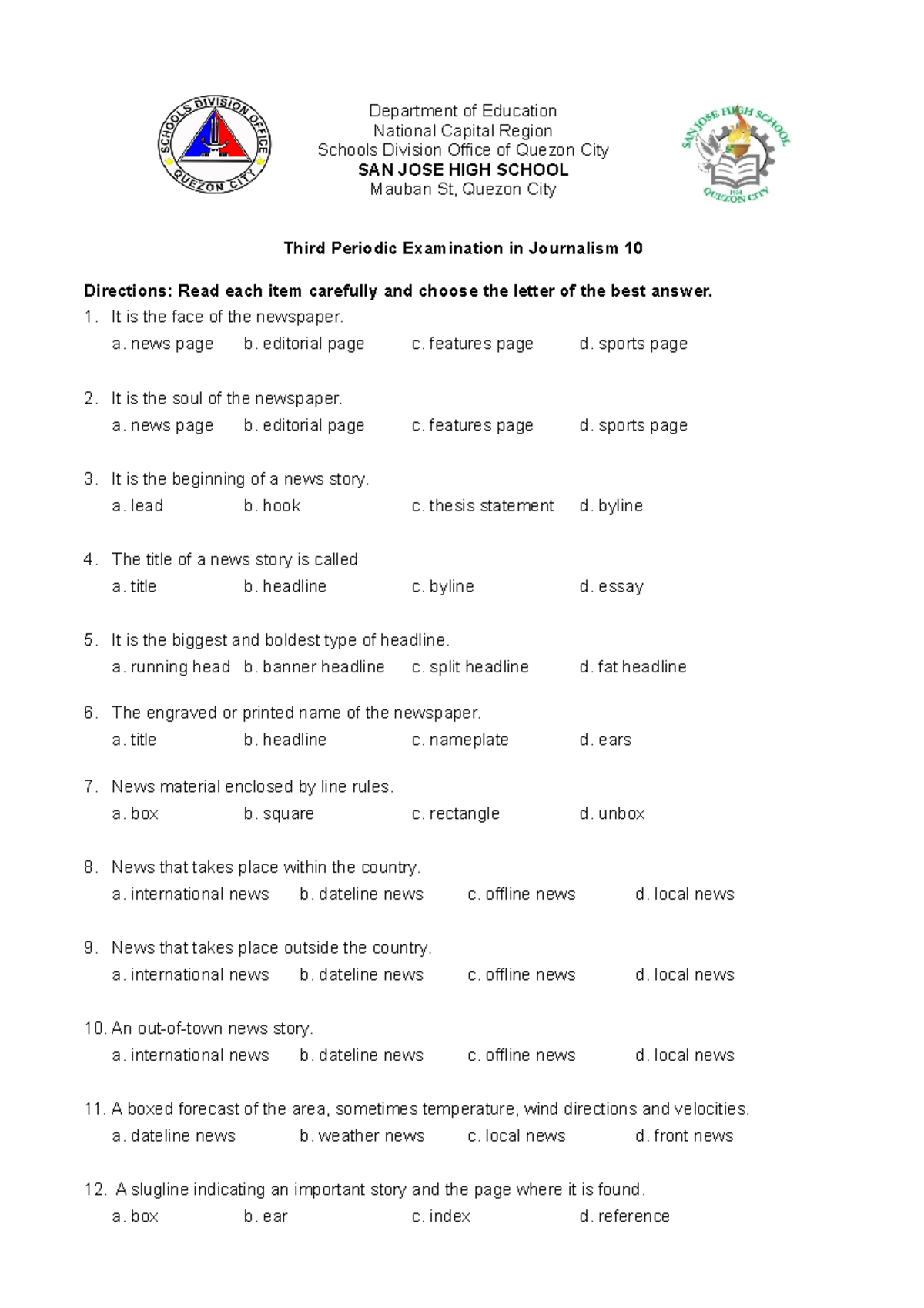 Journalism Assessment - Department of Education National Capital Region ...