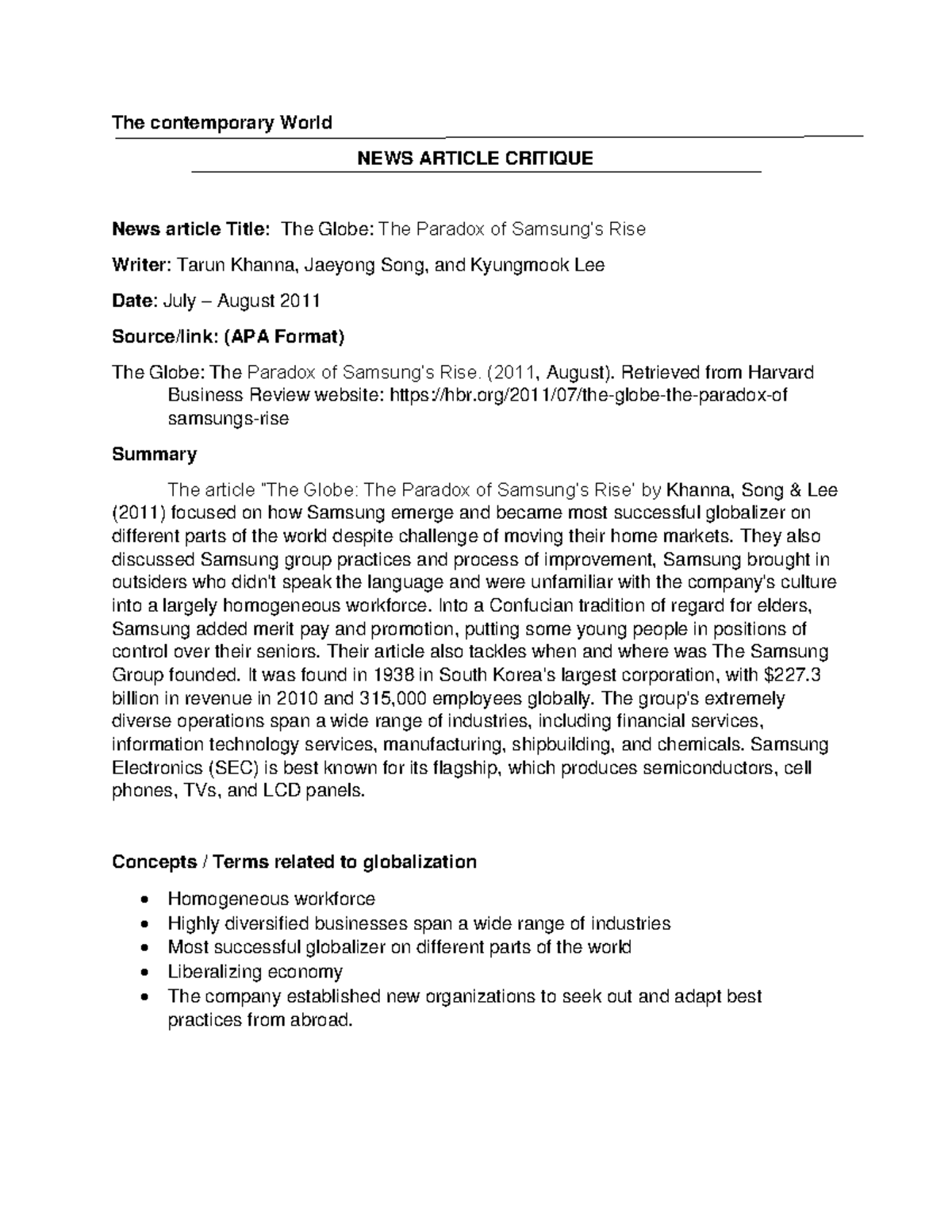 The contemporary World News Article Critique - The contemporary World ...