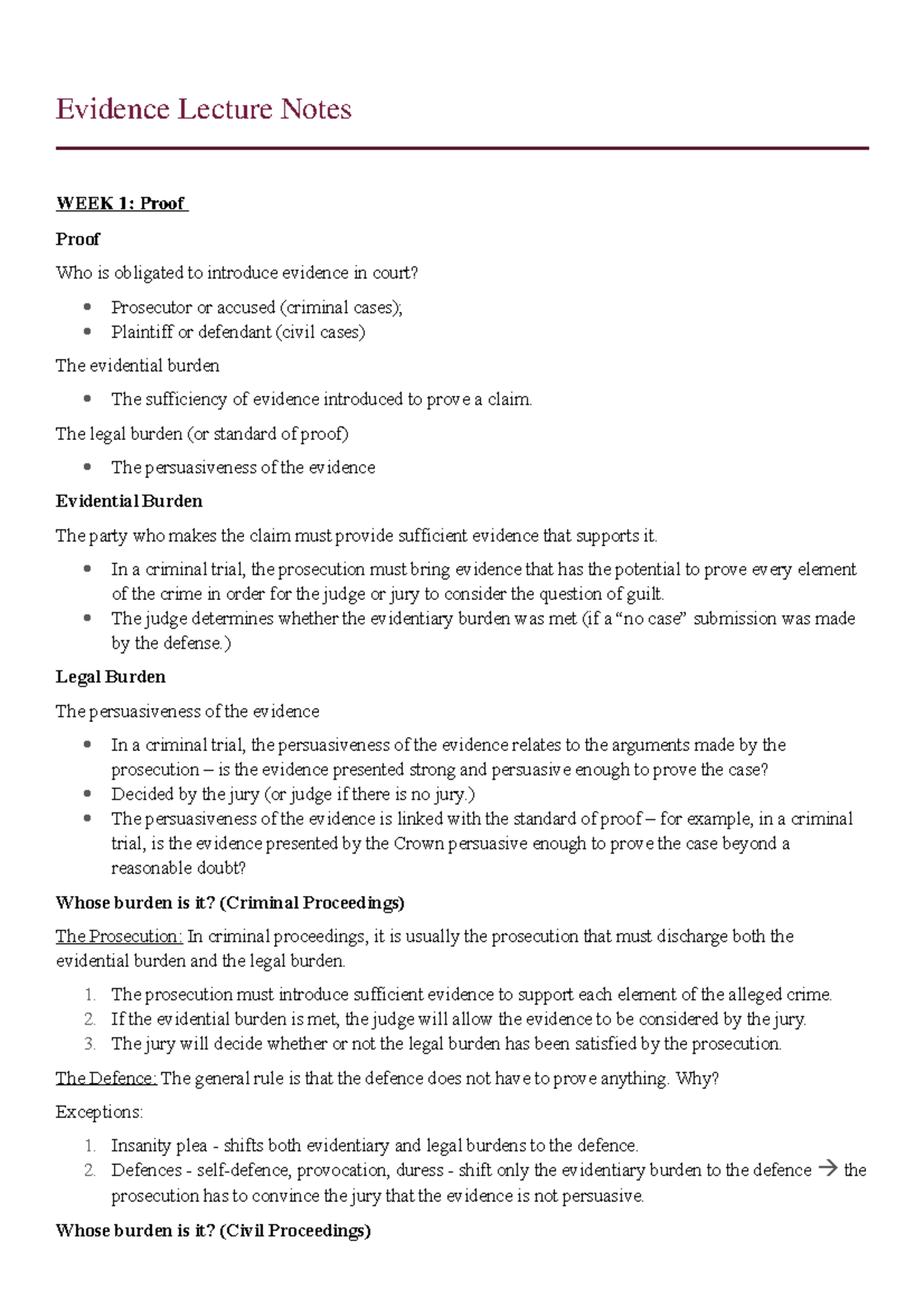 Evidence Lecture Notes - Evidence Lecture Notes WEEK 1: Proof Proof Who ...