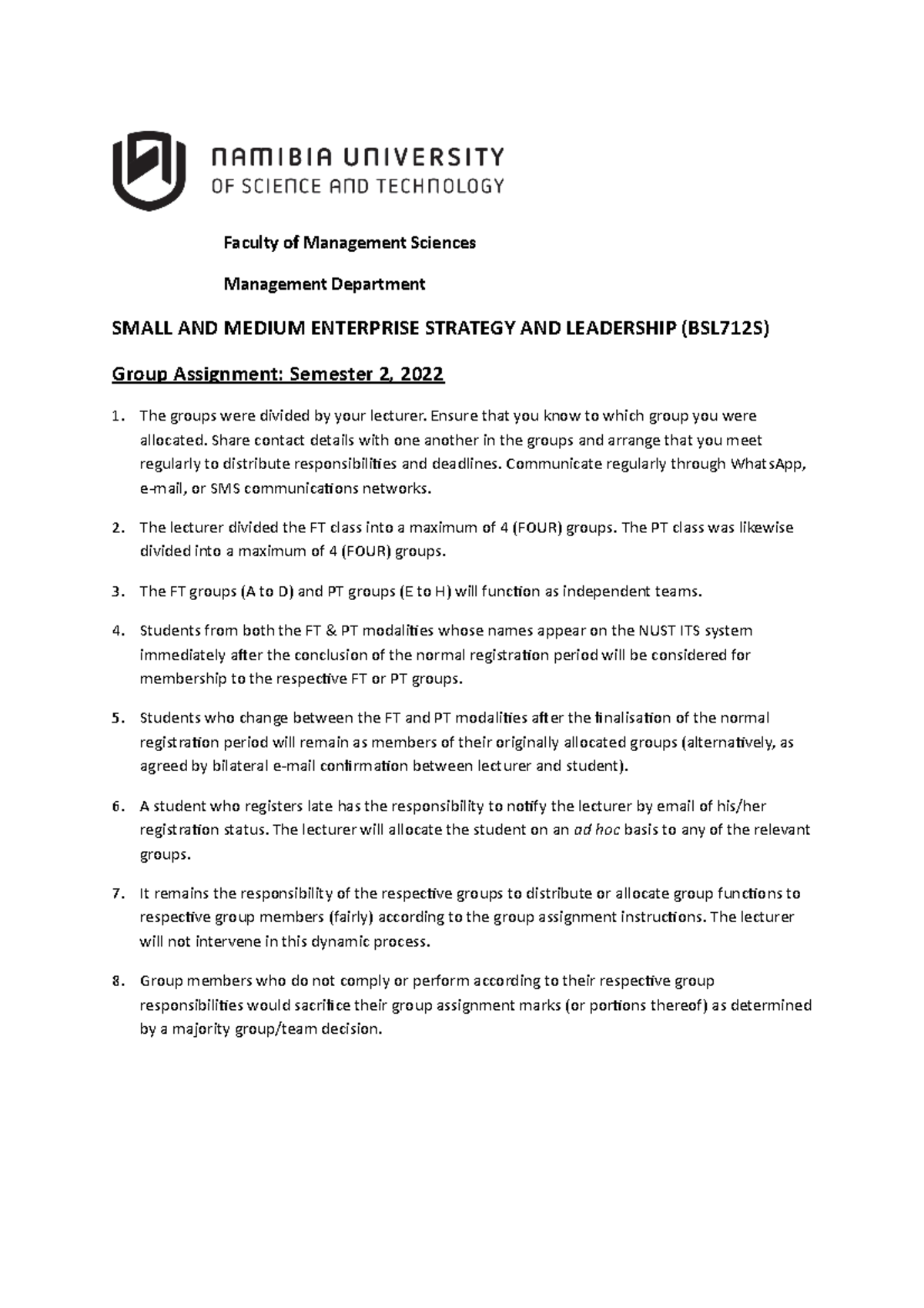 BSL712S Group Assignment s2 2022 - Faculty of Management Sciences Management Department SMALL ...