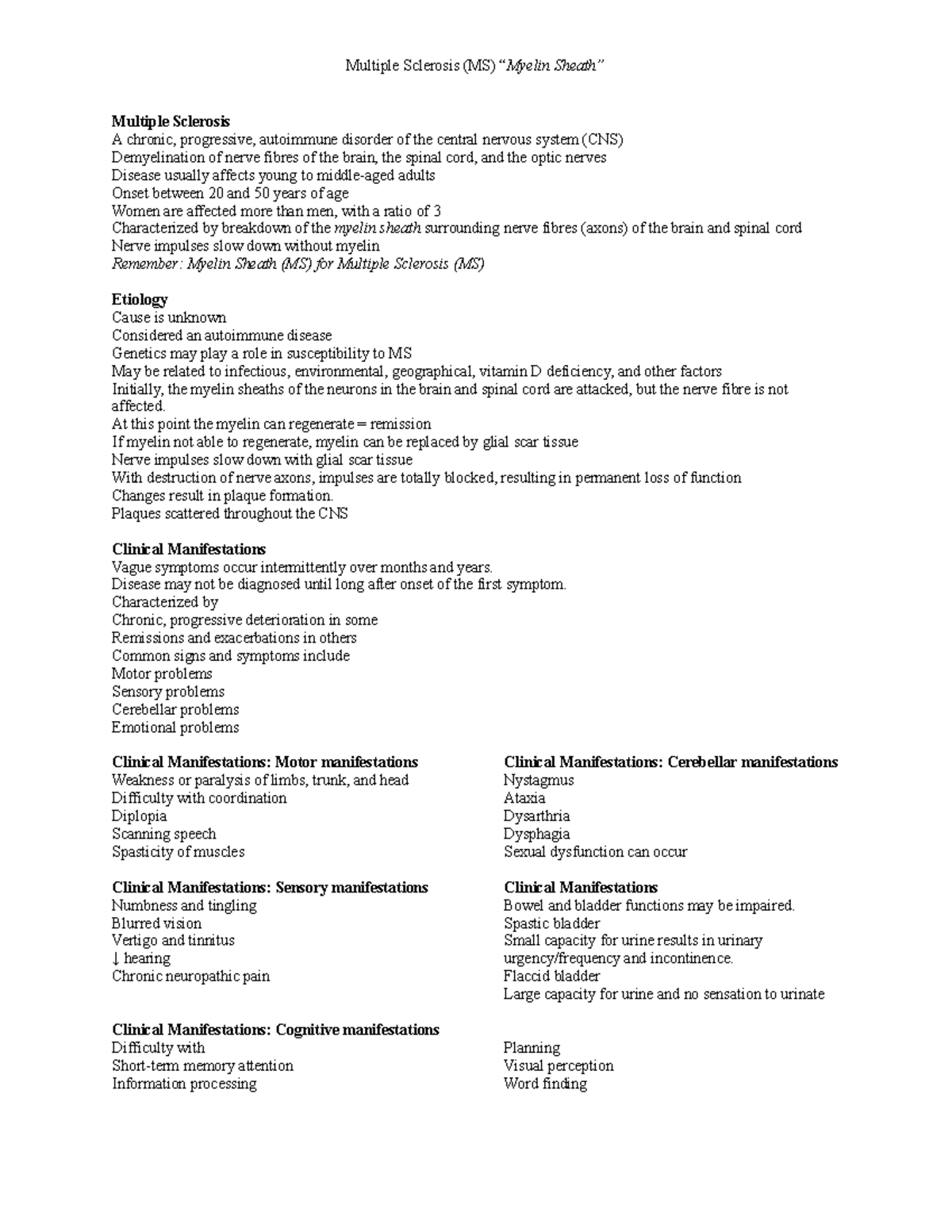 Multiple Sclerosis - summary of powerpoint, S Rehman - Multiple ...