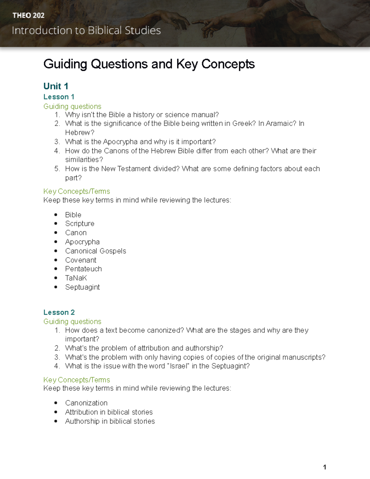 THEO 202 Study Guide - Guiding Questions and Key Concepts Unit 1 Lesson ...