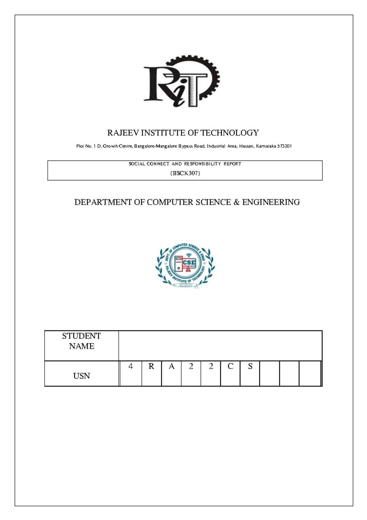 SCR - SOCIAL CONNECT AND RESPONSIBILITY REPORT (BSCK307) RAJEEV ...