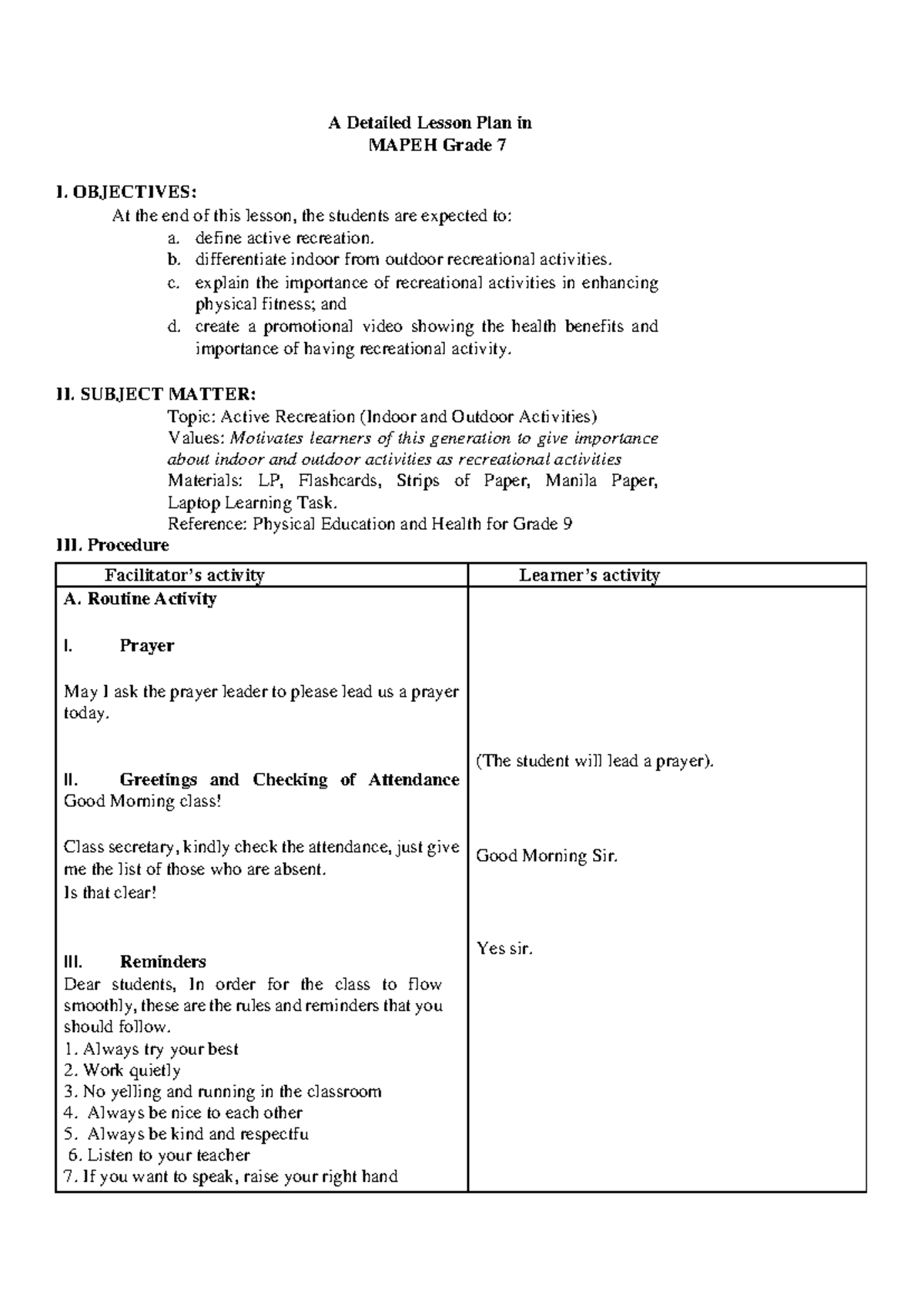 Active Recreation LP Grade 9 2024 - A Detailed Lesson Plan in MAPEH ...