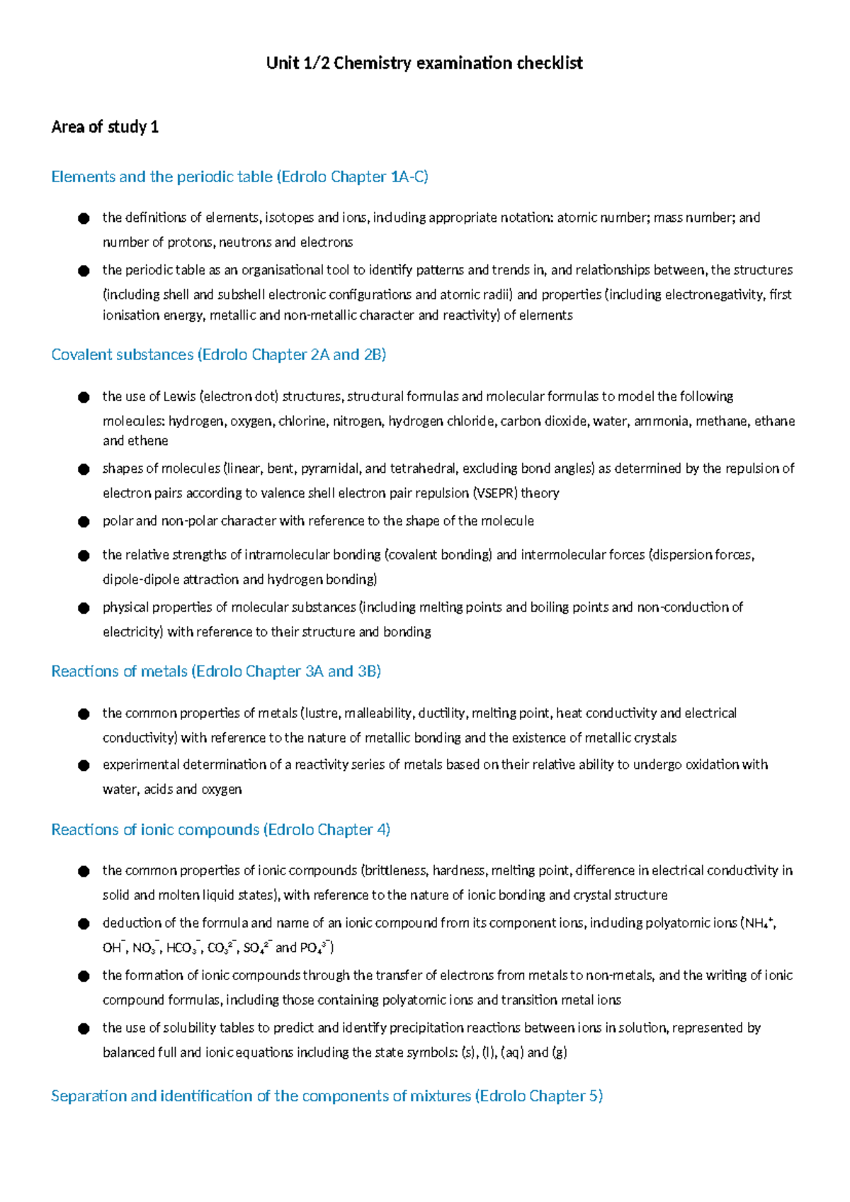 Unit 1 exam checklist - Unit 1/2 Chemistry examination checklist Area ...