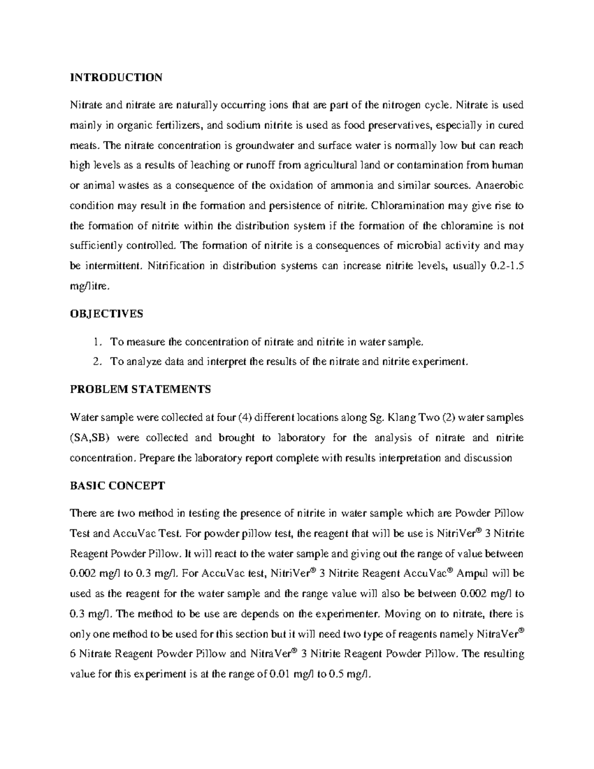 Nitrite AND Nitrite Report - INTRODUCTION Nitrate and nitrate are ...