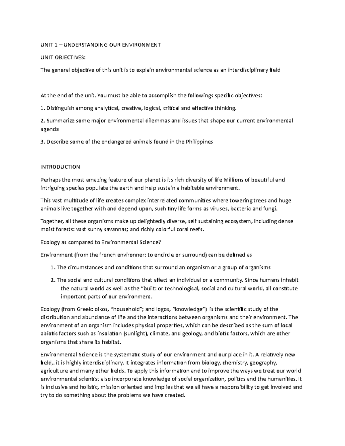 Ecology Reporting Chapter 1 Encoded - UNIT 1 – UNDERSTANDING OUR ...