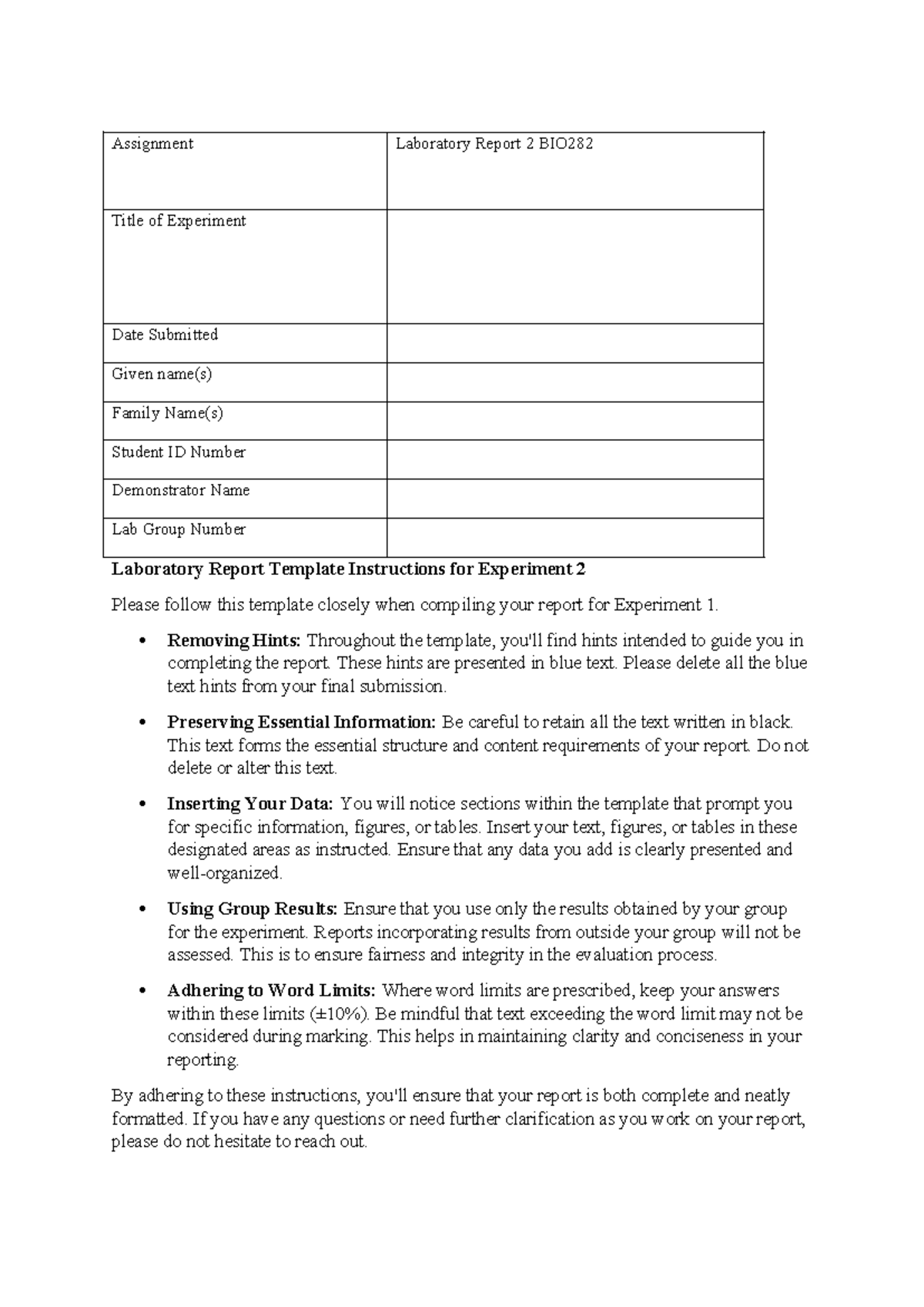 BIO282 Exp 2 Report Template 2024 Ravi Revised - Assignment Laboratory ...