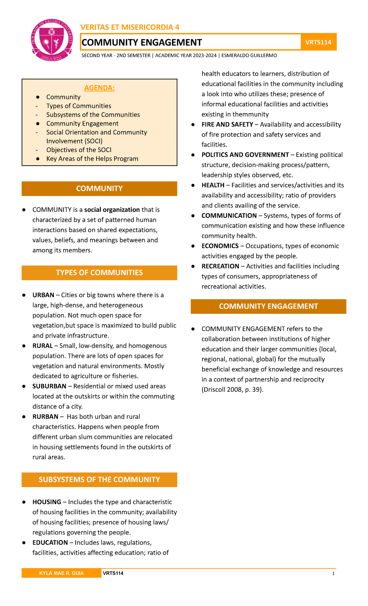 WEEK 2 Community Engagement - VERITAS ET MISERICORDIA 4 COMMUNITY ...