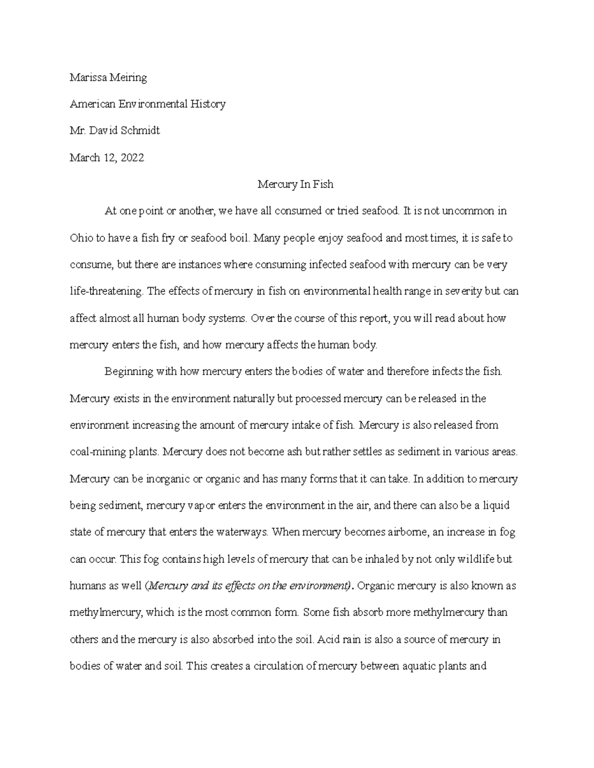 Essay 3- Mercury In Fish - Marissa Meiring American Environmental ...