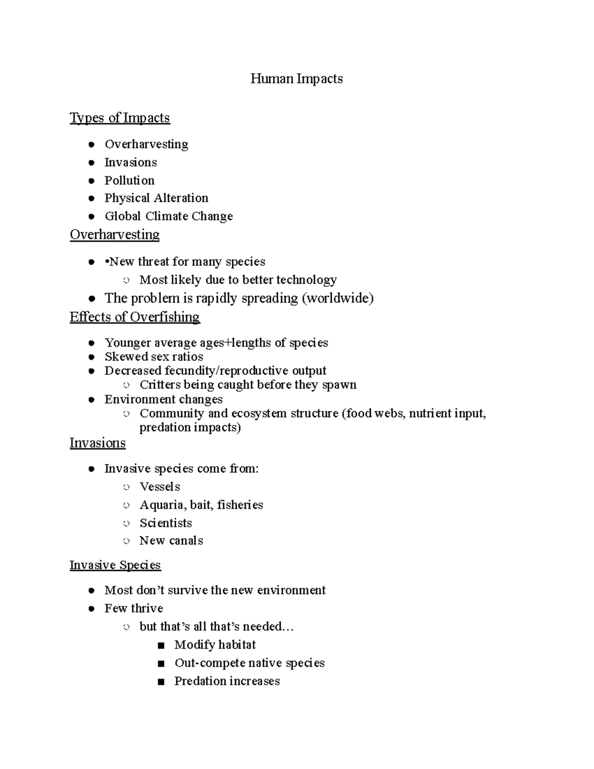 Human Impacts Notes - Human Impacts Types of Impacts Overharvesting ...