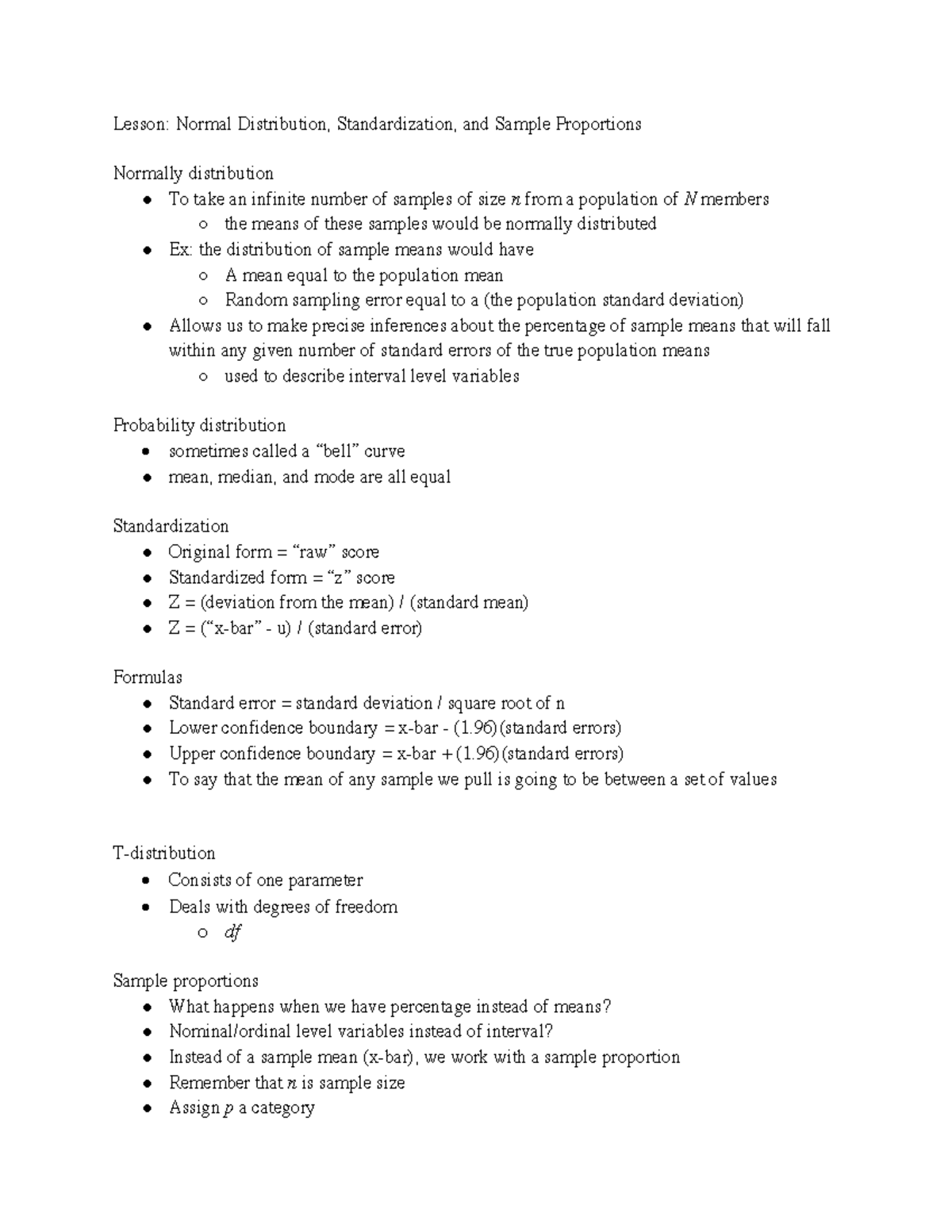 Normal Distribution, Standardization, and Sample Proportions - Studocu
