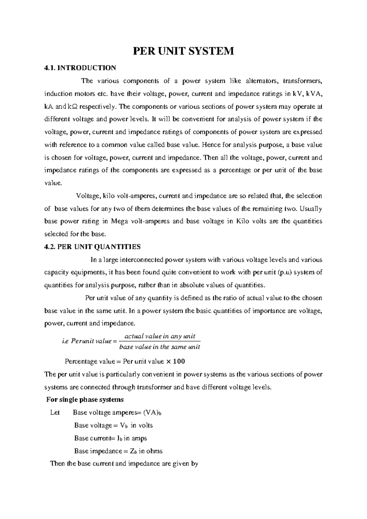 UNIT-1 Notes - PER UNIT SYSTEM 4. INTRODUCTION The various components ...