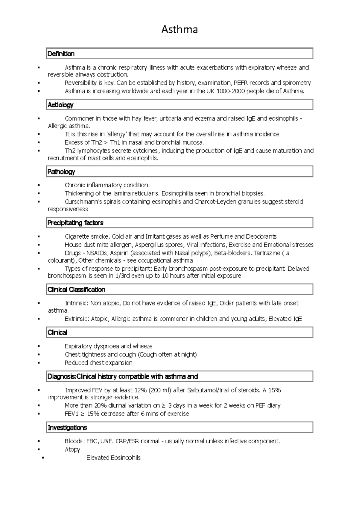 Asthma - lecture notes 1 - Asthma Definition Asthma is a chronic ...