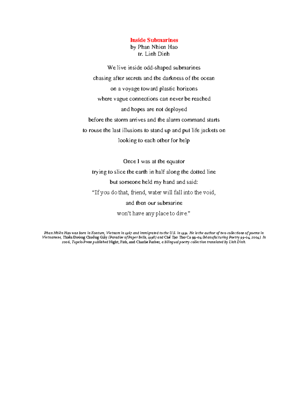 Inside Submarines - ASEAN LITERATURE - POEM - Inside Submarines by Phan ...