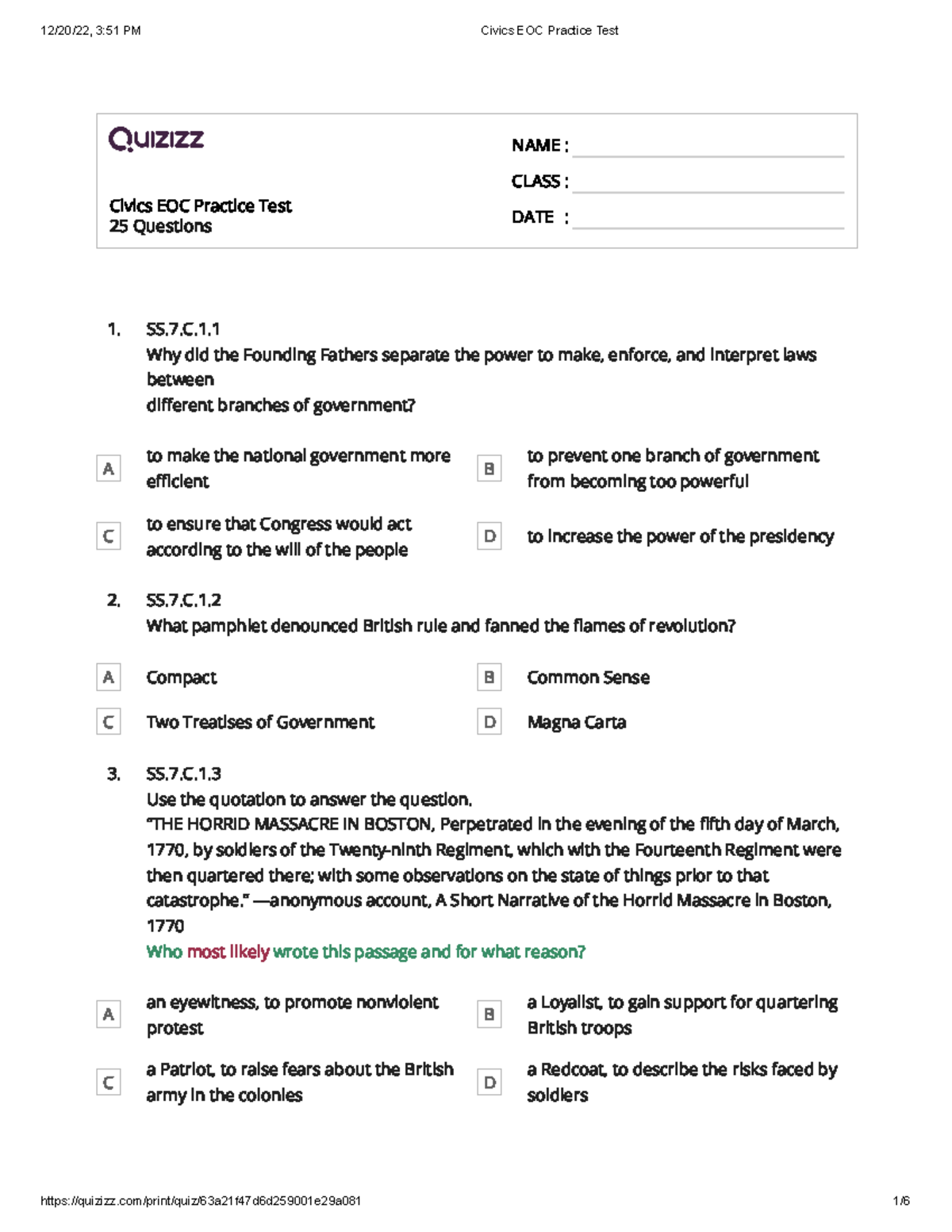 Civics EOC Practice Test - SS.7.C. Why did the Founding Fathers ...