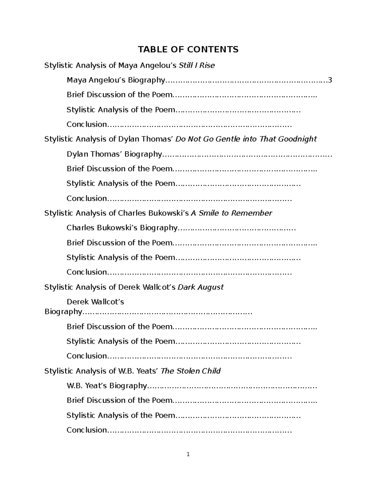 Stylistics Analysis OF Poetry - TABLE OF CONTENTS Stylistic Analysis of ...
