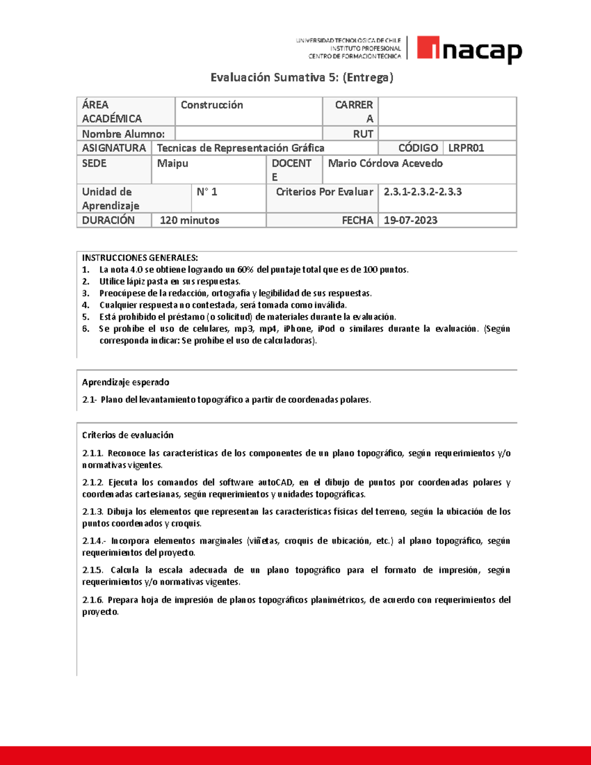 Eval 5 entregable - descipcion - Evaluación Sumativa 5: (Entrega) ÁREA ...