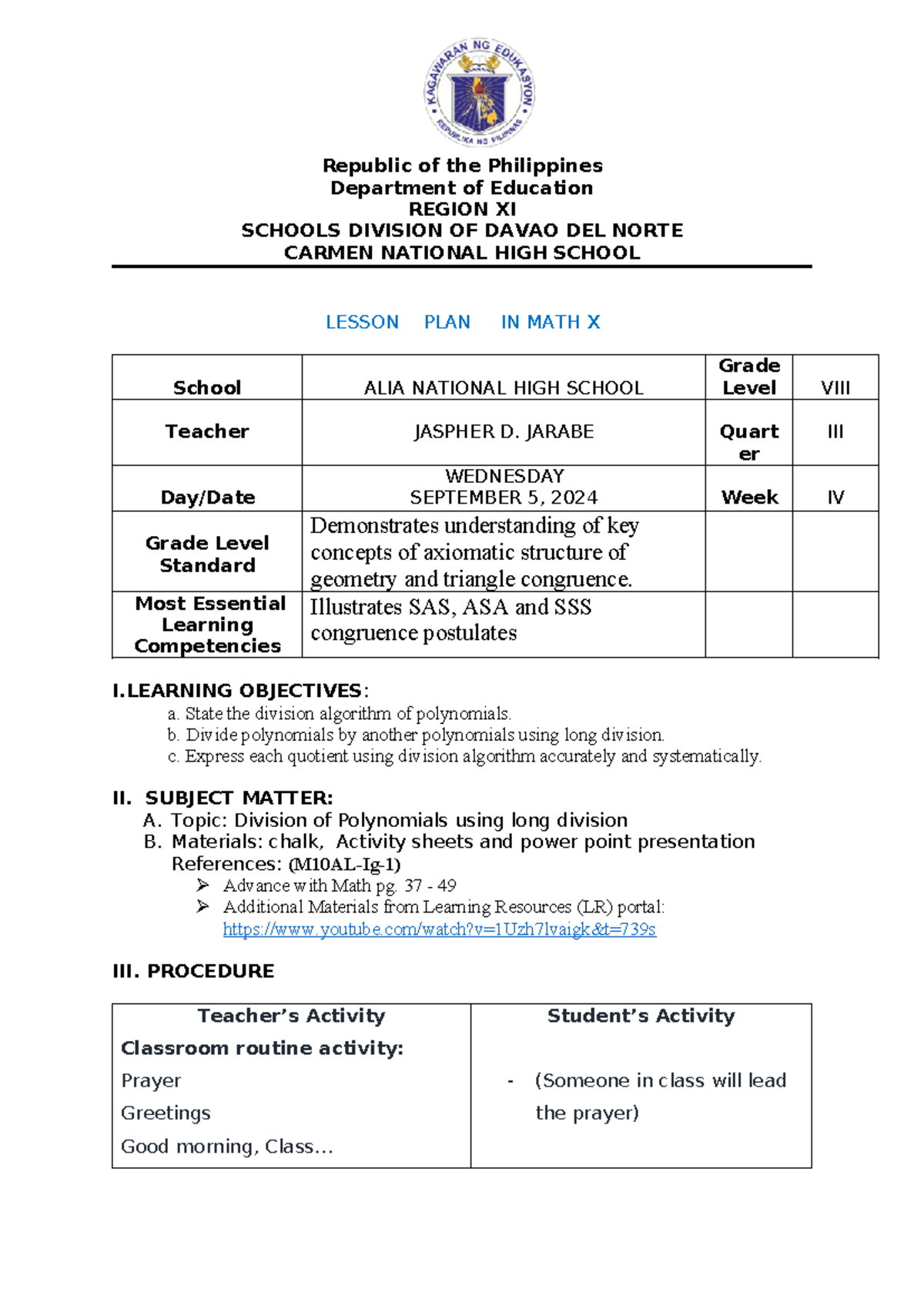 Math LP - Lesson Plan for math - Republic of the Philippines Department of Education REGION XI ...