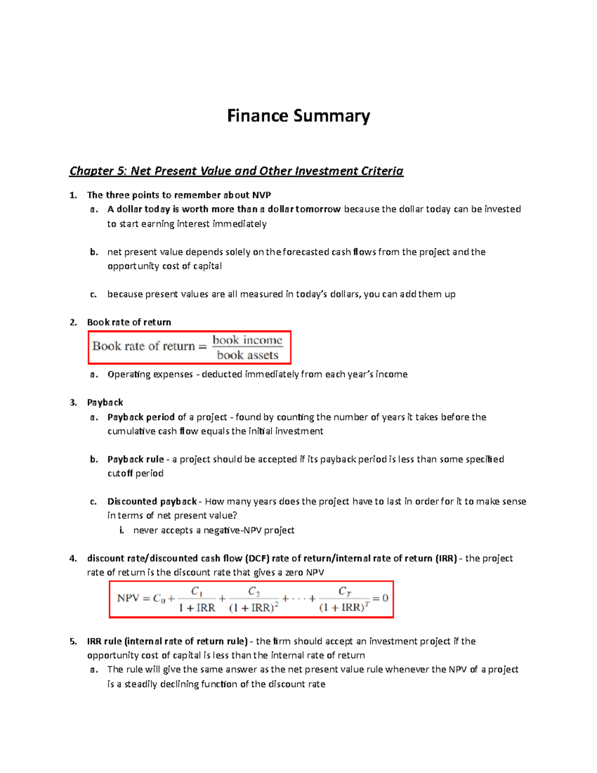 Chapter 5 - samenvatting - Finance Summary Chapter 5: Net Present Value and Other Investment ...