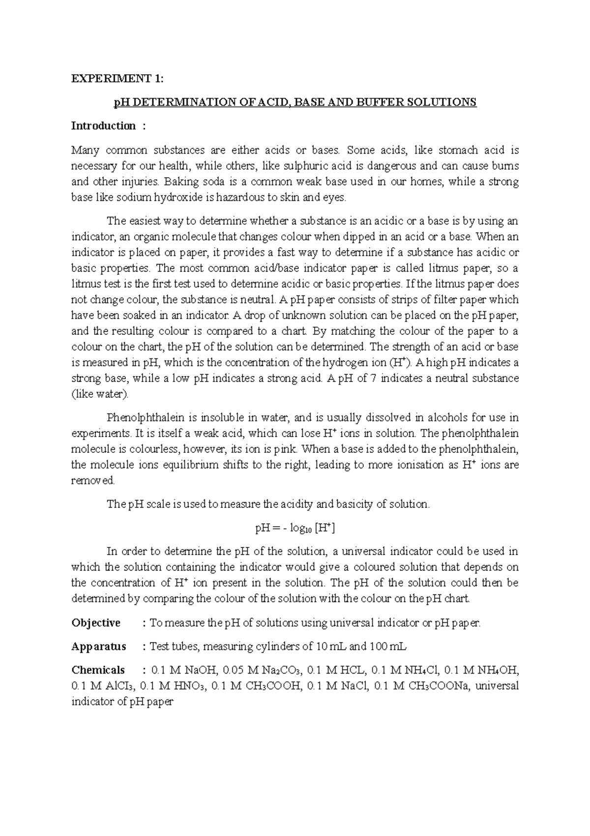 Chm271 exp1 - pH DETERMINATION OF ACID, BASE AND BUFFER SOLUTIONS - EXPERIMENT 1: pH ...