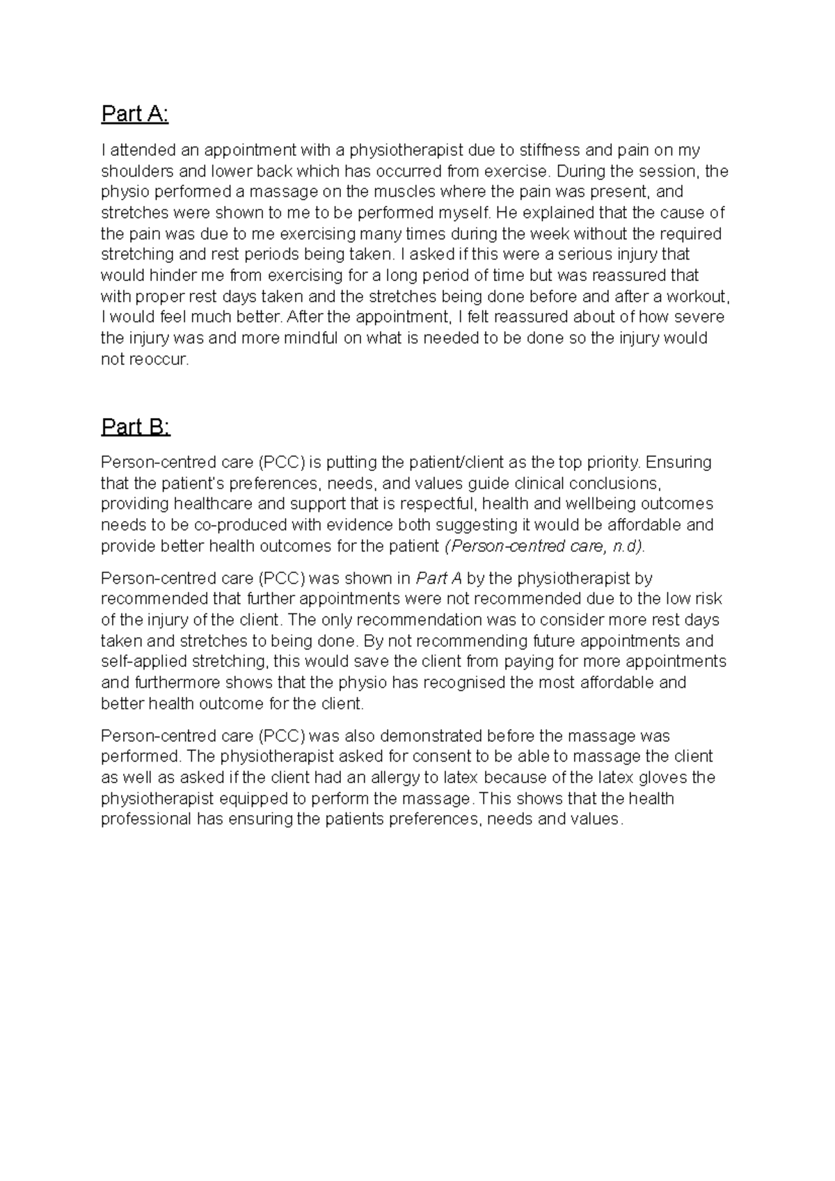 A1 Report - Part A: I attended an appointment with a physiotherapist ...