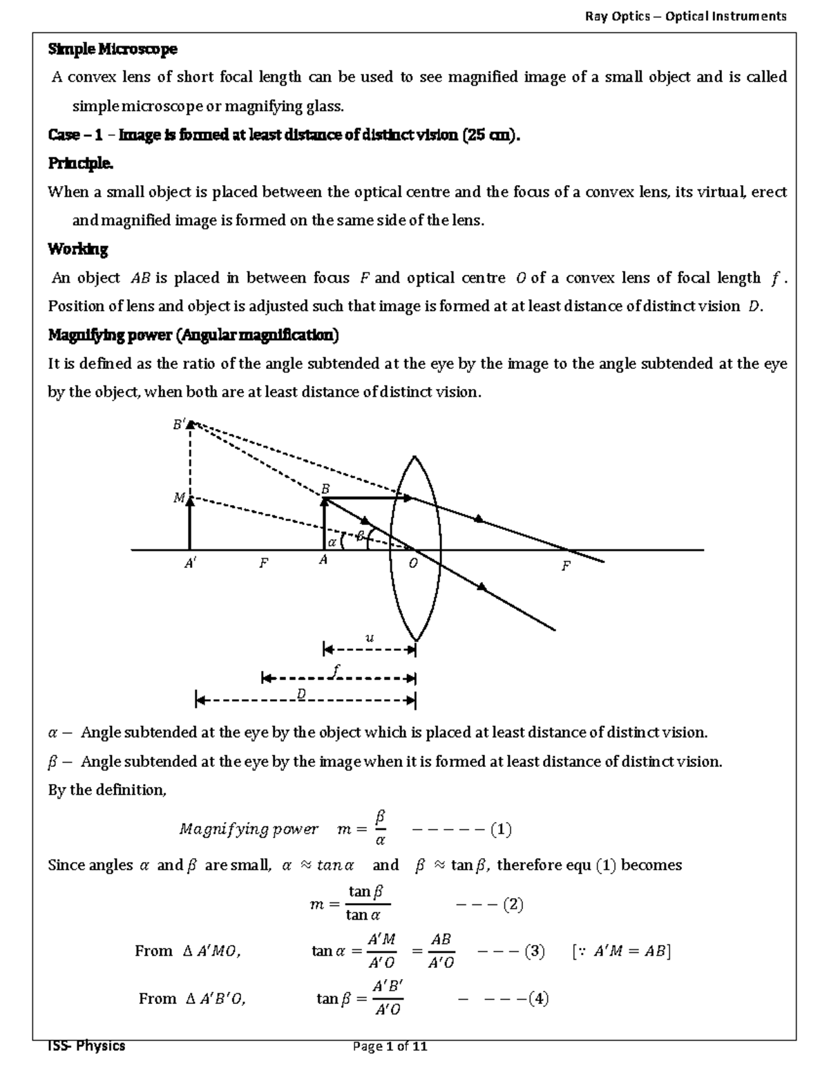 Ray Optics - Optical instruments - Simple Microscope A convex lens of ...