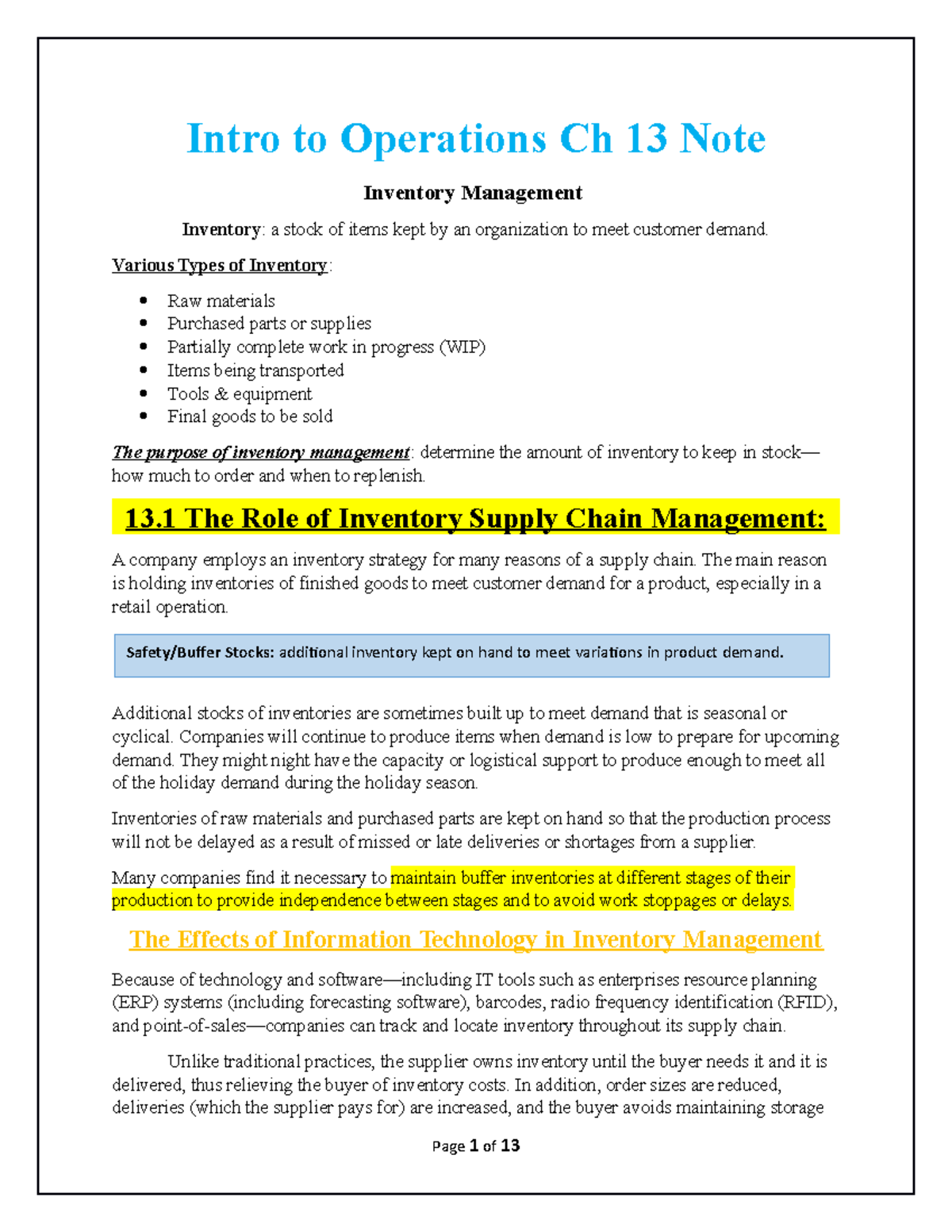 Operations Ch 13 Note - Intro to Operations Ch 13 Note Inventory ...