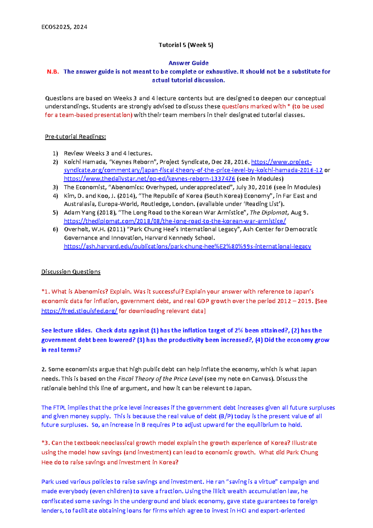 Tutorial 5 answer guide - ECOS2025, 2024 Tutorial 5 (Week 5) Answer ...