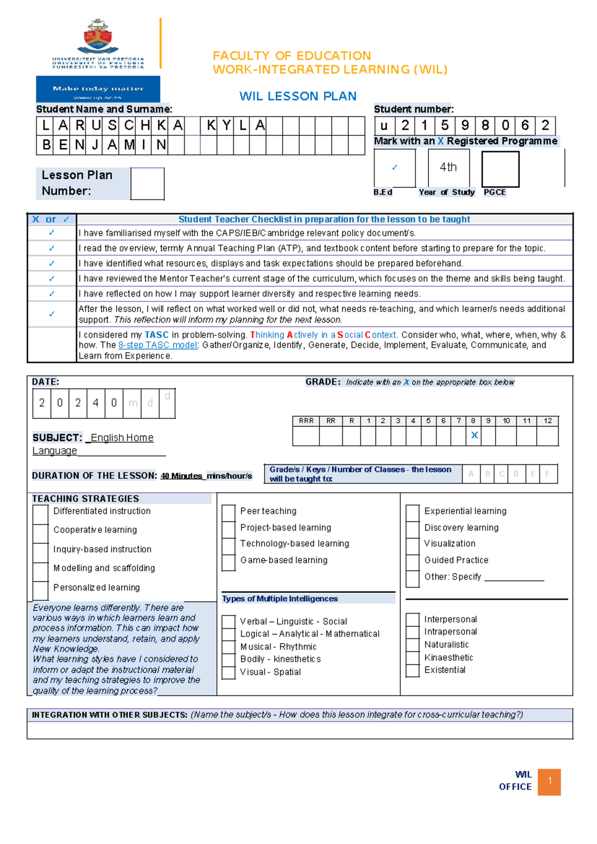 Lesson Plan Template UP - FACULTY OF EDUCATION WORK-INTEGRATED LEARNING ...