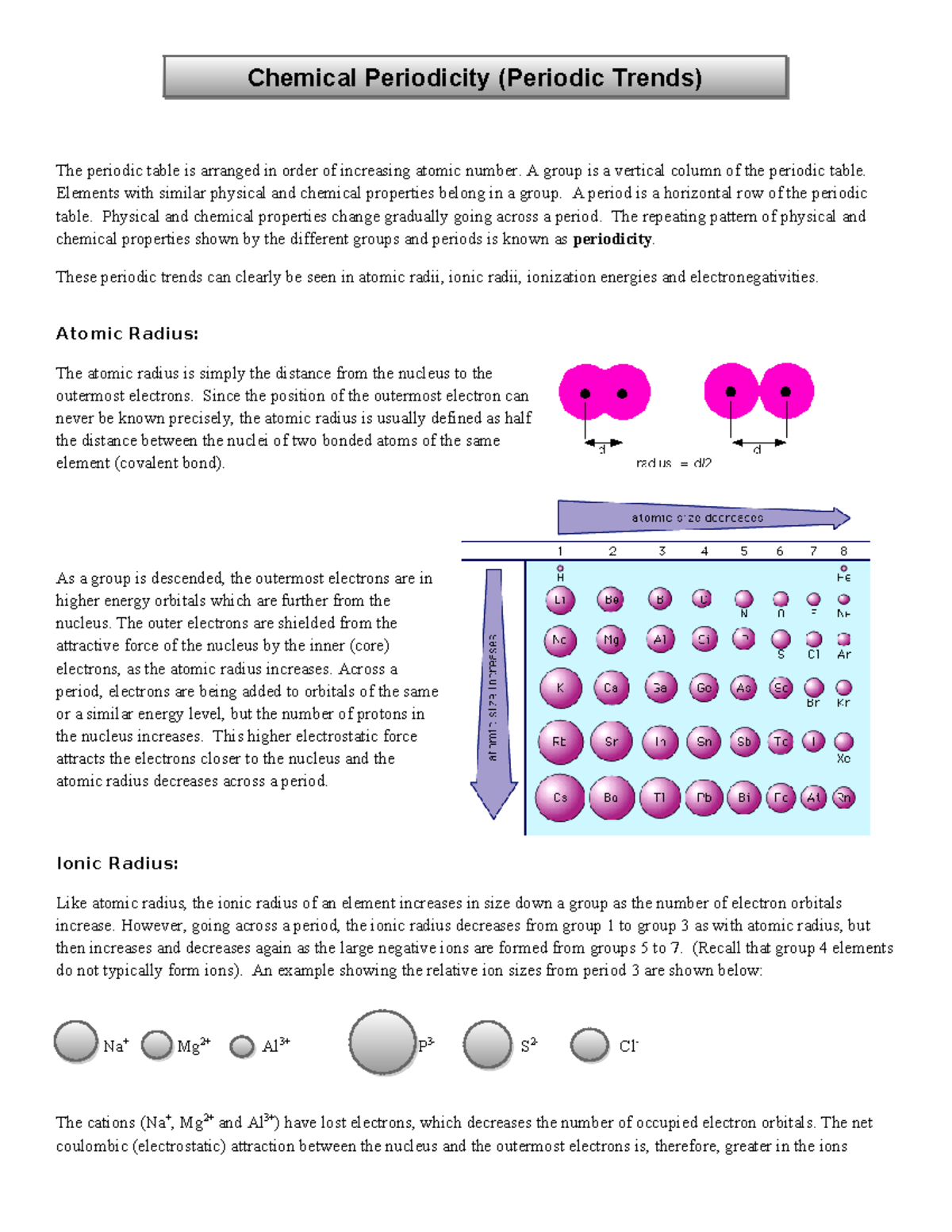 Periodic trends notes 2020 - The periodic table is arranged in order of ...