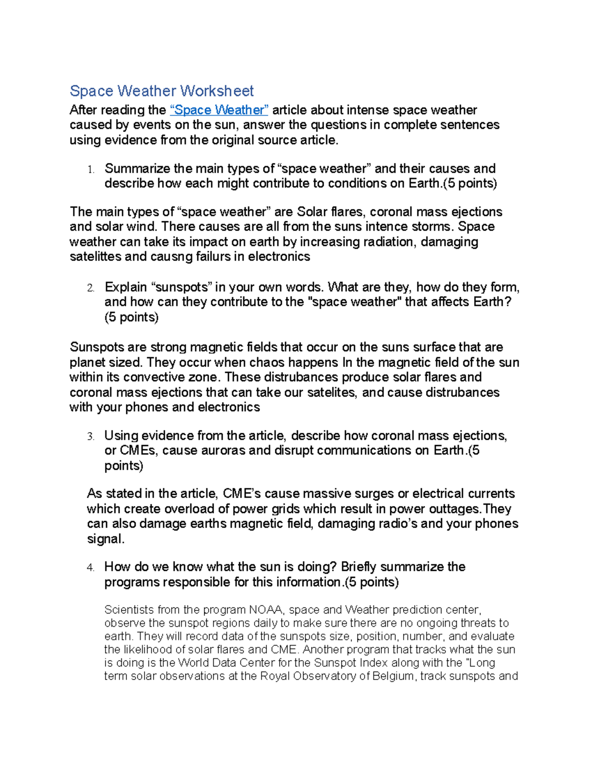 Space weather worksheet - Space Weather Worksheet After reading the ...