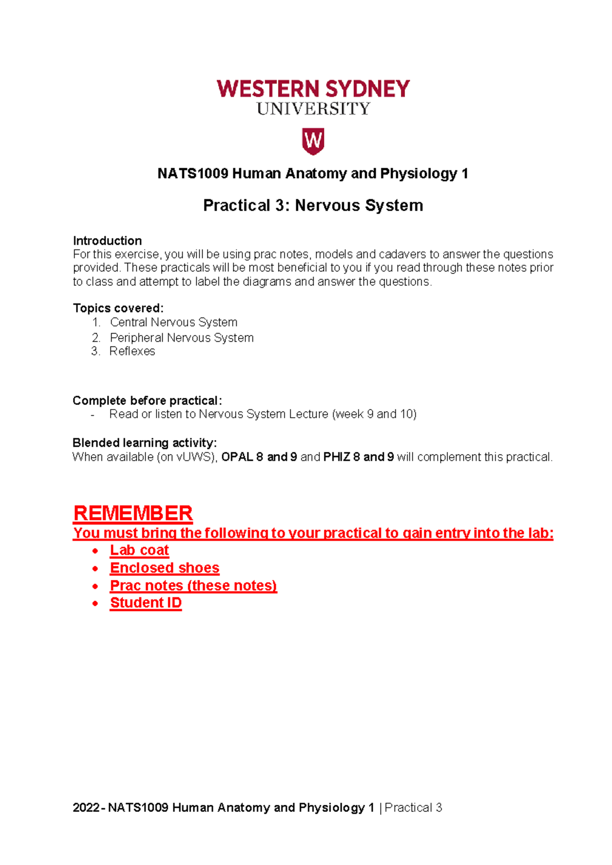 Practical 3 - Nervous system - NATS1009 Human Anatomy and Physiology 1 ...