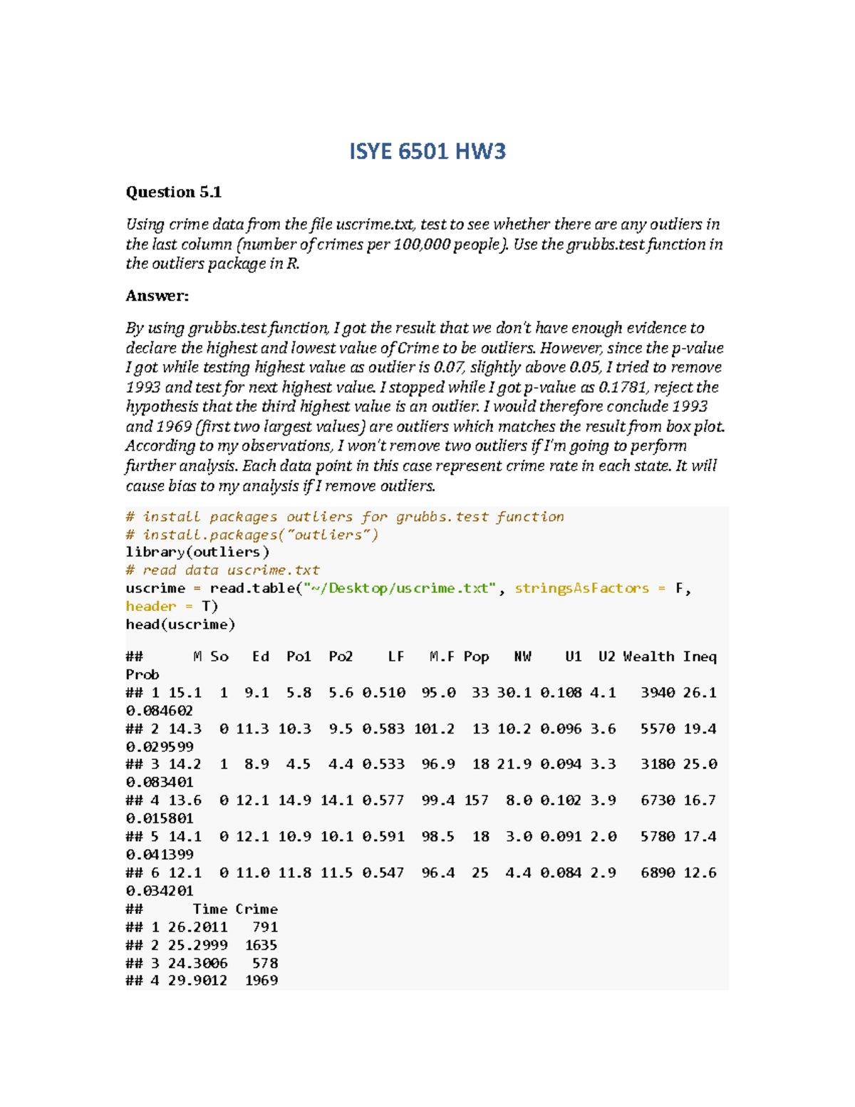 ISYE-6501-HW3 - ??? - ISYE 6501 HW Question 5. Using crime data from ...