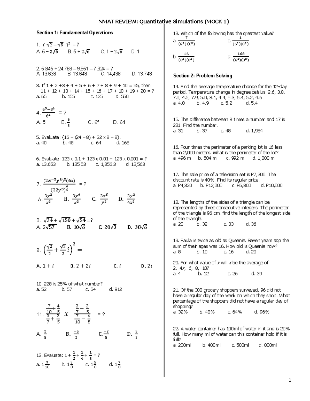 -MOCK- Quantitative - NMAT reviewers - 1 NMAT REVIEW: Quantitative ...