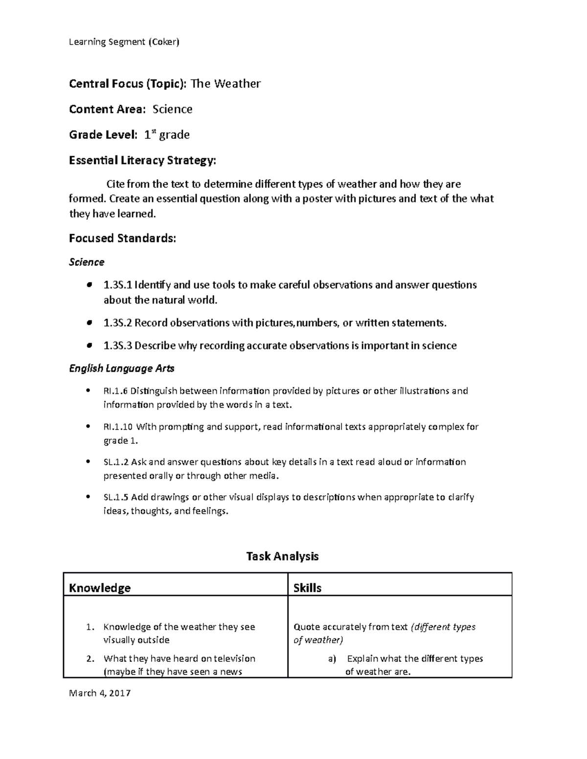 Learning Segment Lesson Plan - Science - The Weather - 1st Grade ...
